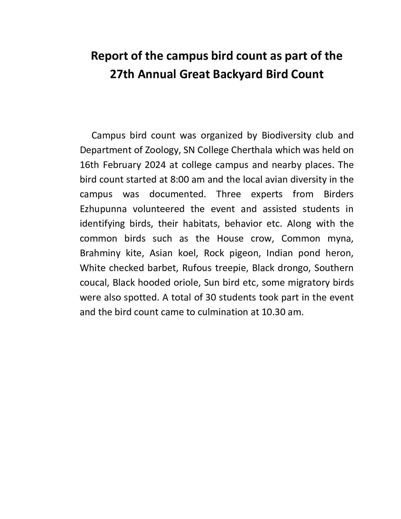 27th Annual Great Backyard Bird Campus Bird Count 16 Feb 2024-Dept of ...